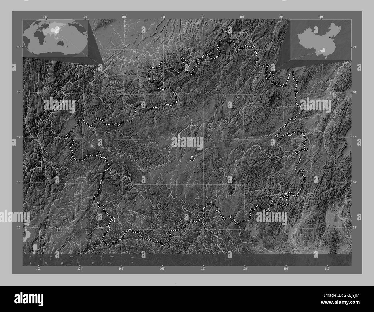 Guizhou, province of China. Grayscale elevation map with lakes and ...