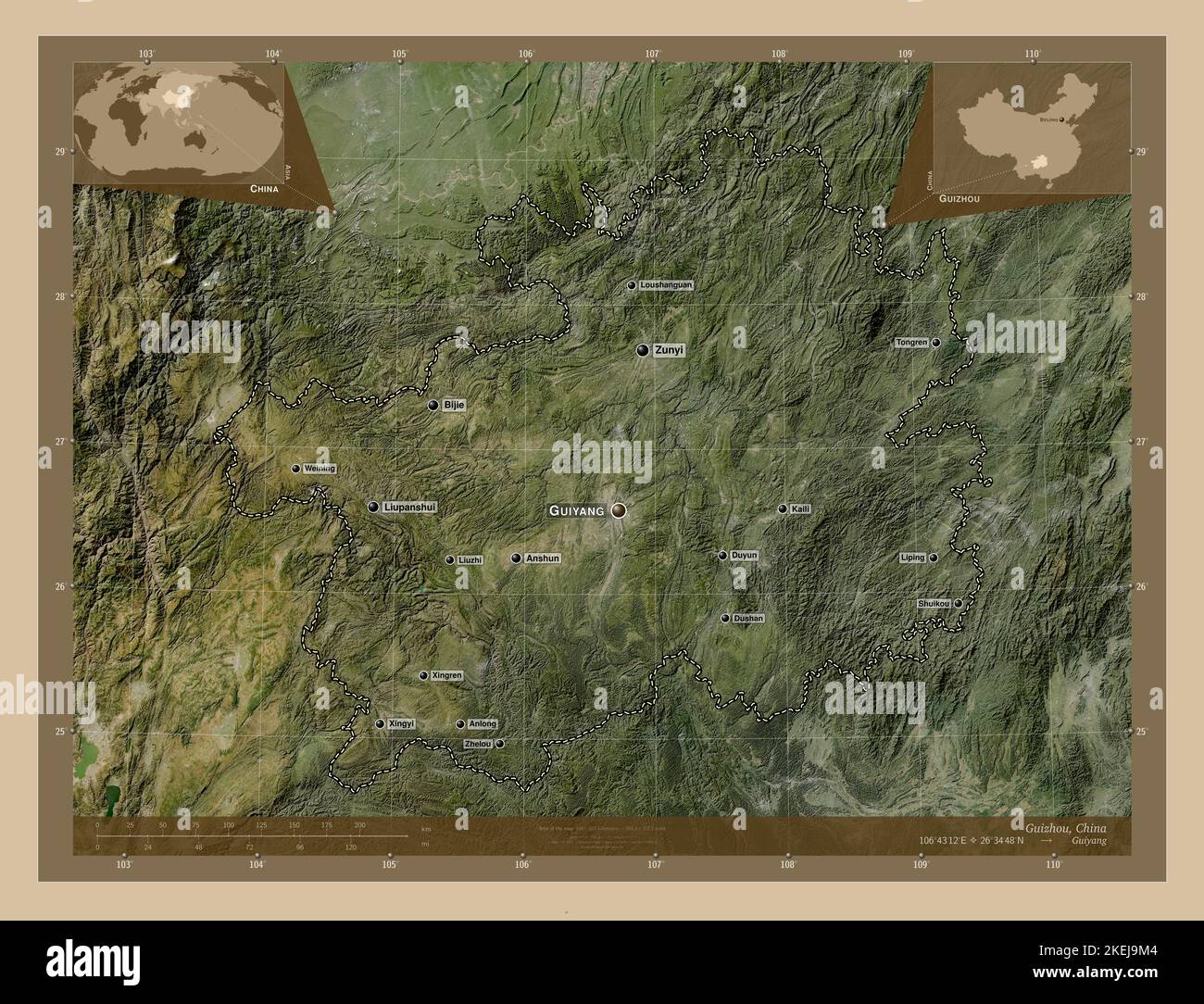 Guizhou, province of China. Low resolution satellite map. Locations and ...