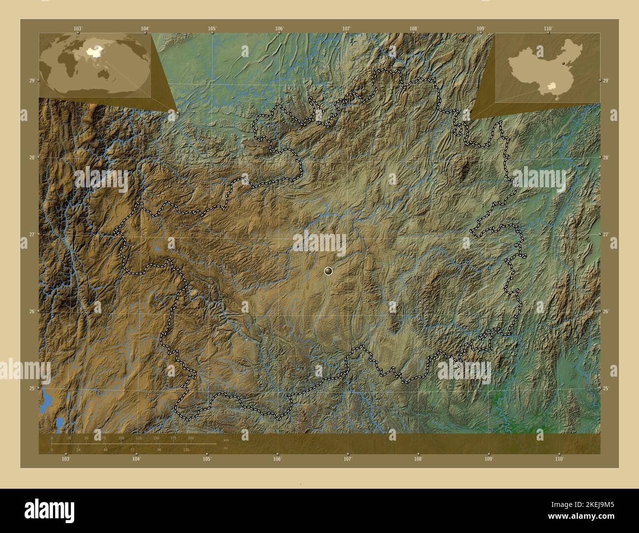 Guizhou, province of China. Colored elevation map with lakes and rivers ...