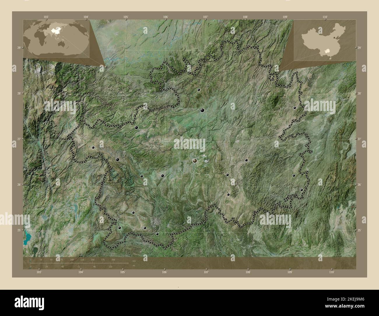 Guizhou, province of China. High resolution satellite map. Locations of ...