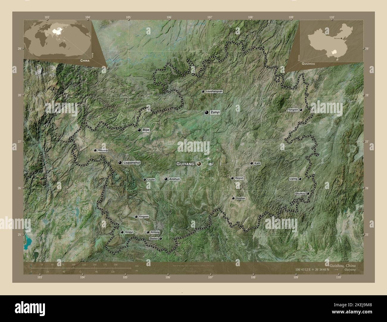Guizhou, province of China. High resolution satellite map. Locations ...