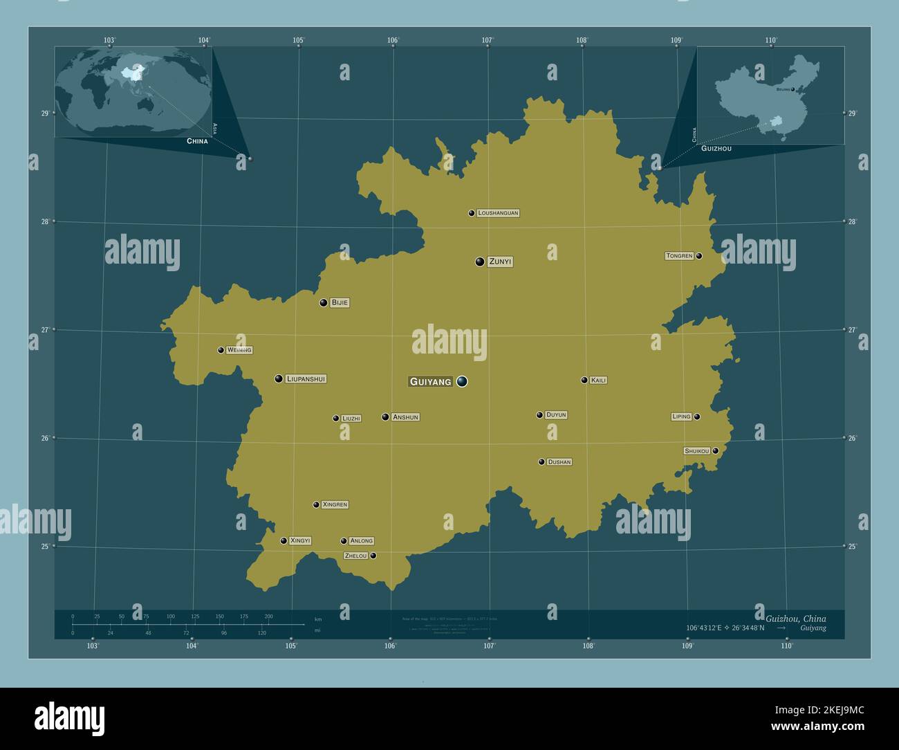 Guizhou, province of China. Solid color shape. Locations and names of ...