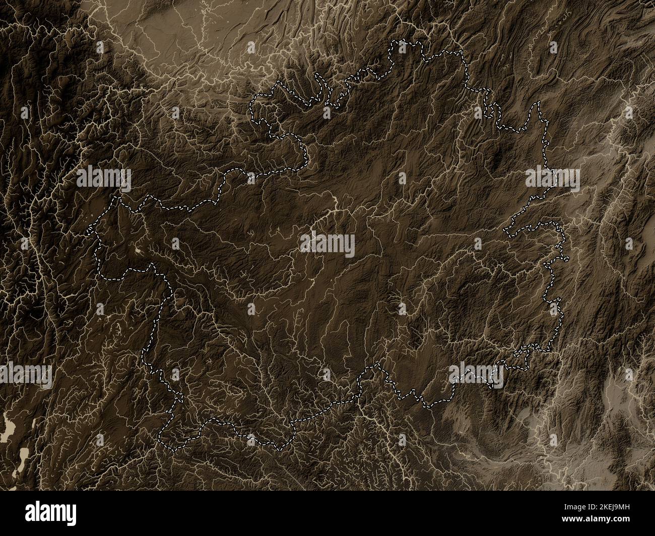 Guizhou, province of China. Elevation map colored in sepia tones with ...