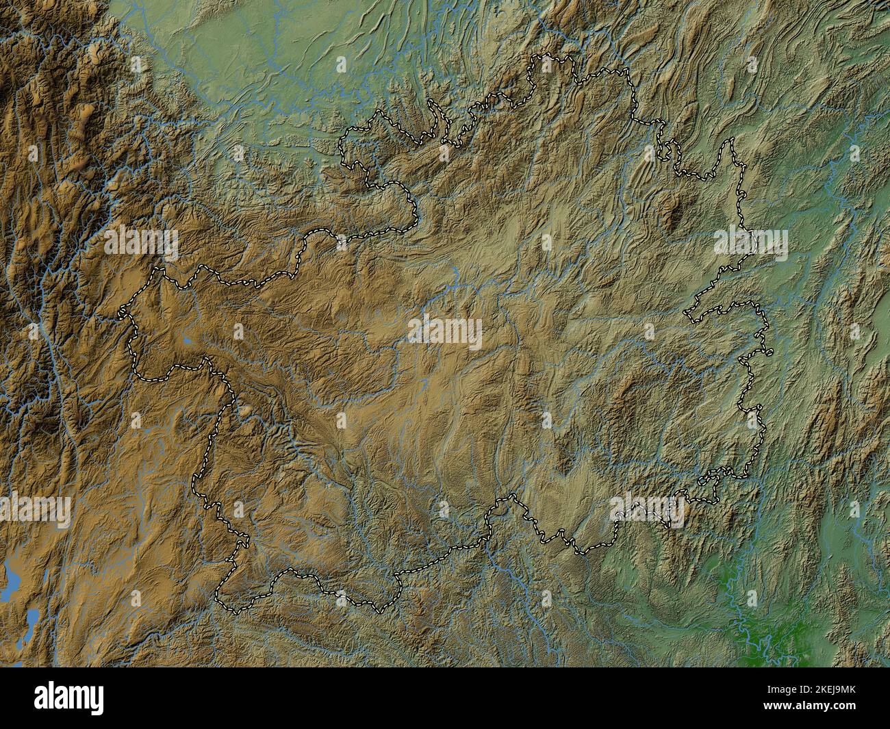 Guizhou, province of China. Colored elevation map with lakes and rivers ...