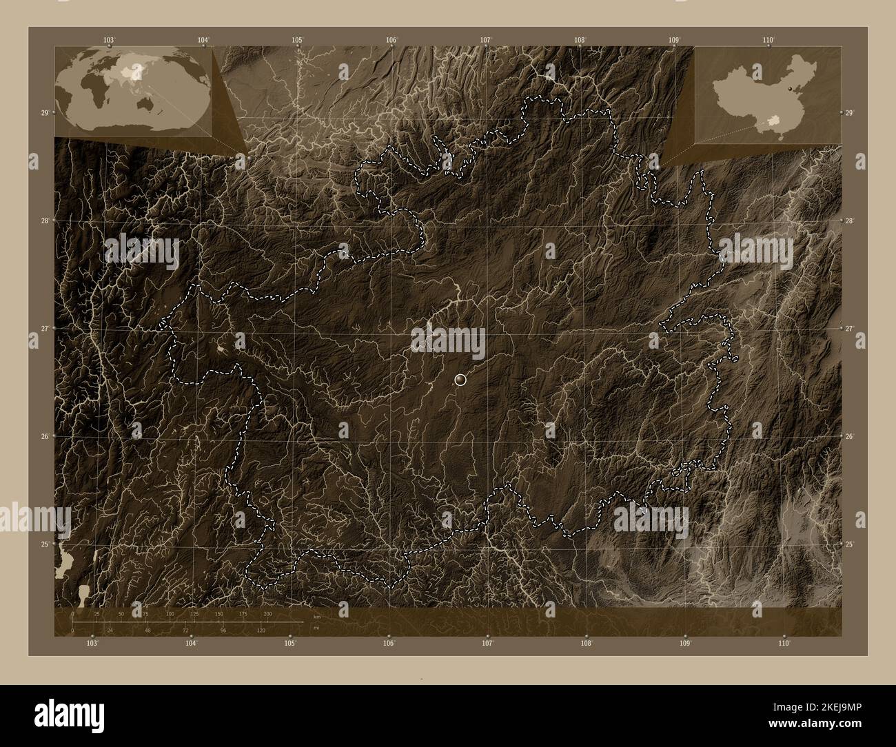 Guizhou, province of China. Elevation map colored in sepia tones with ...