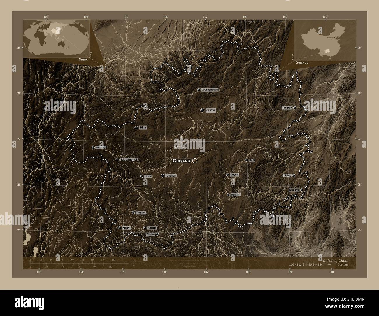 Guizhou, province of China. Elevation map colored in sepia tones with ...