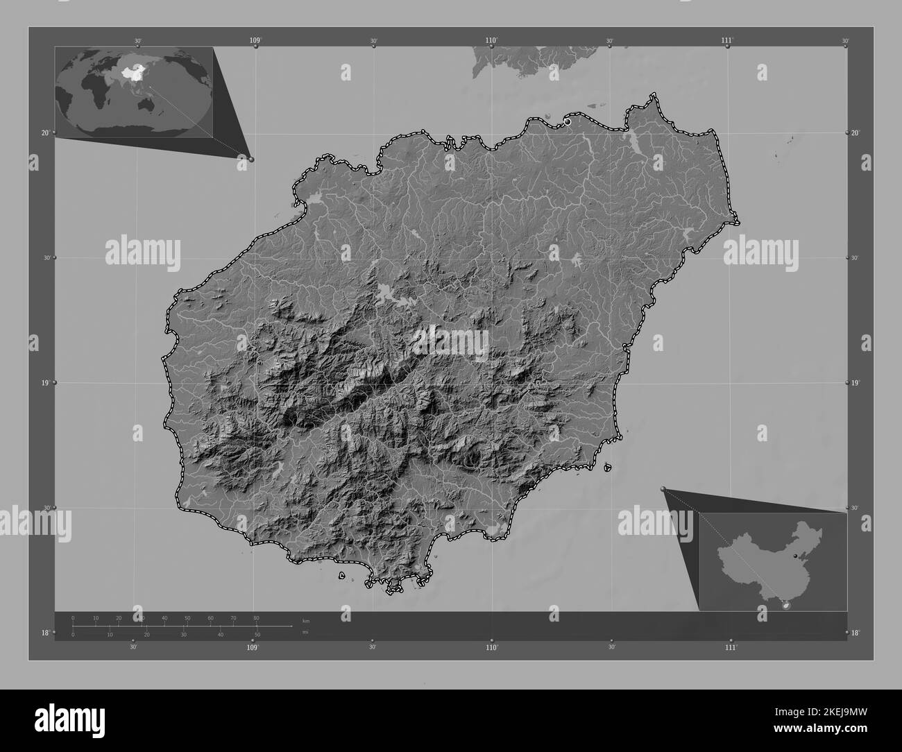 Hainan, province of China. Bilevel elevation map with lakes and rivers ...