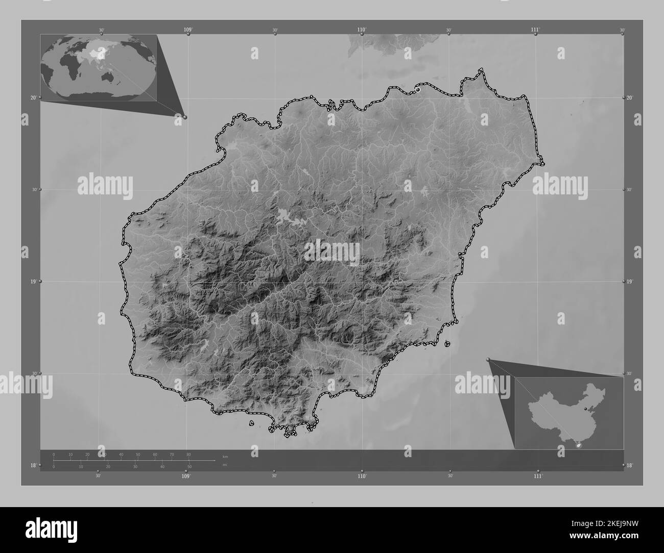 Hainan, province of China. Grayscale elevation map with lakes and ...