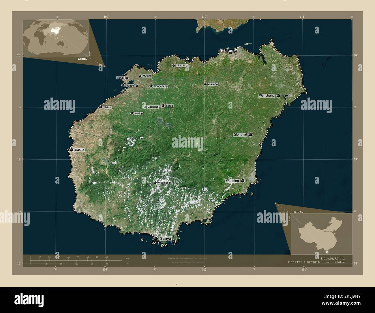 Hainan, province of China. High resolution satellite map. Locations and ...