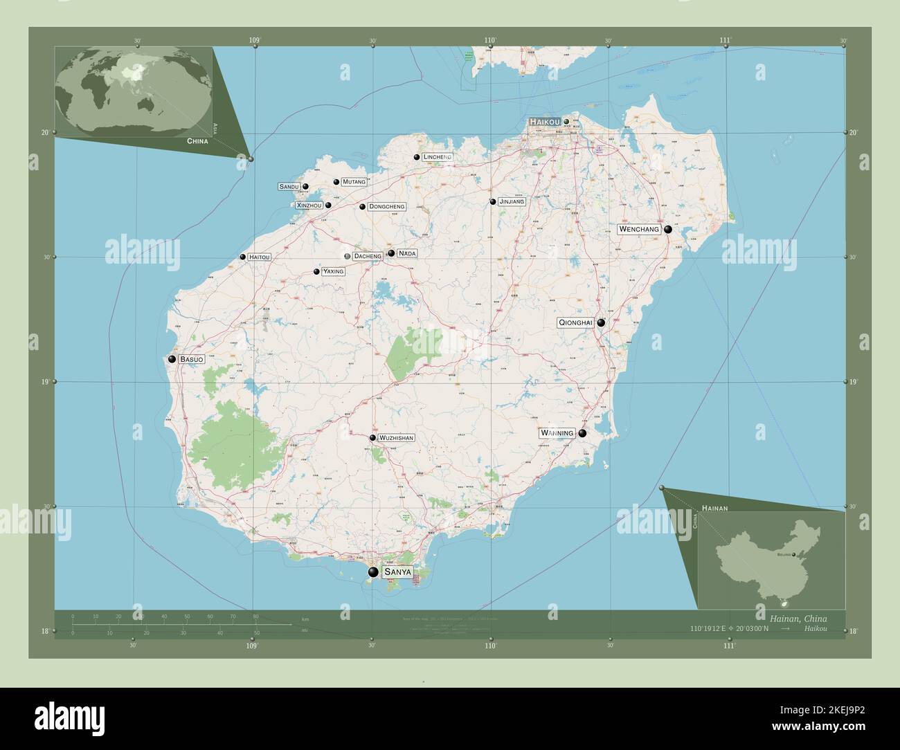 Hainan, province of China. Open Street Map. Locations and names of ...