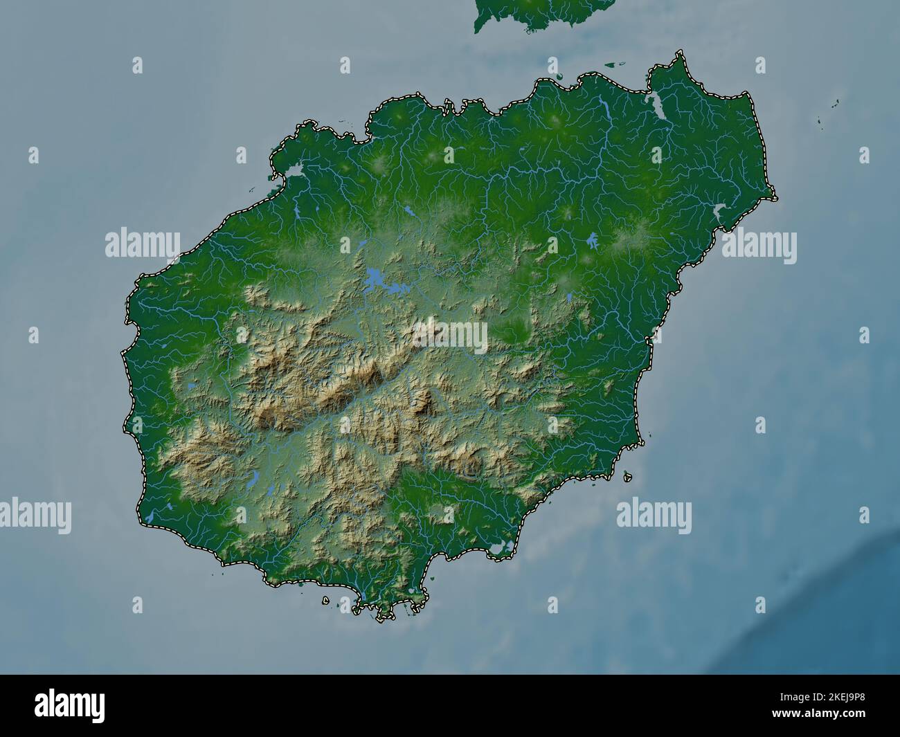 Hainan, province of China. Colored elevation map with lakes and rivers ...