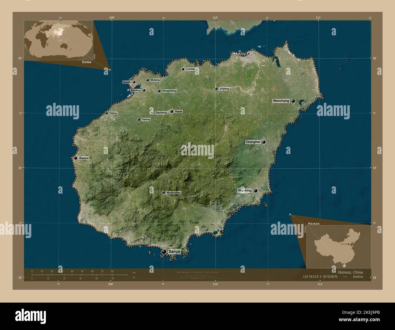 Hainan, province of China. Low resolution satellite map. Locations and ...