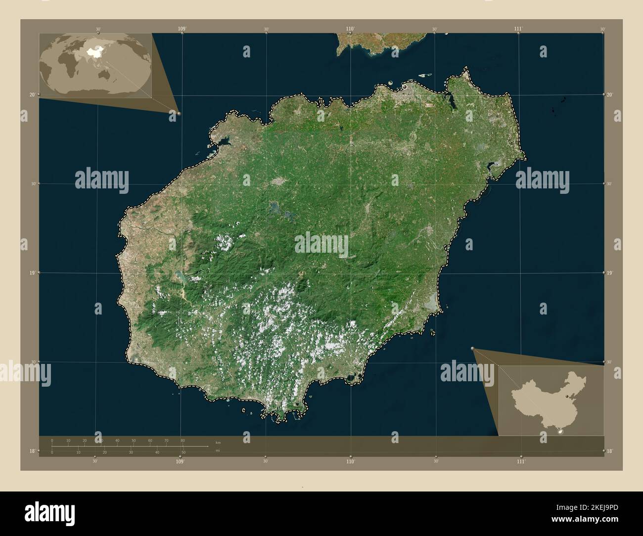 Hainan, province of China. High resolution satellite map. Corner ...