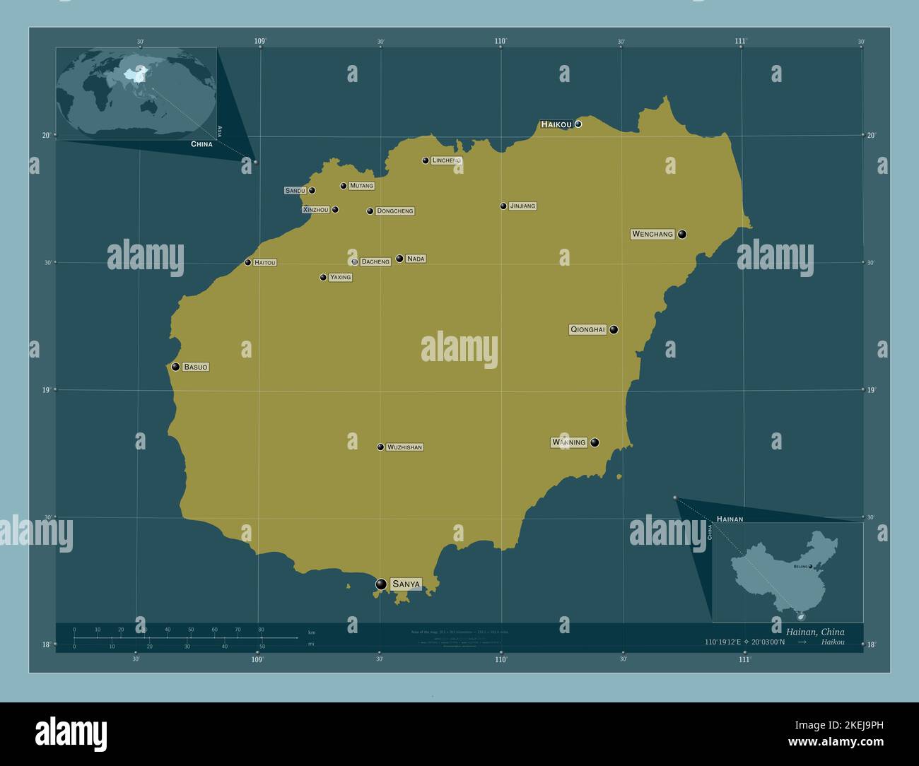 Hainan, province of China. Solid color shape. Locations and names of ...