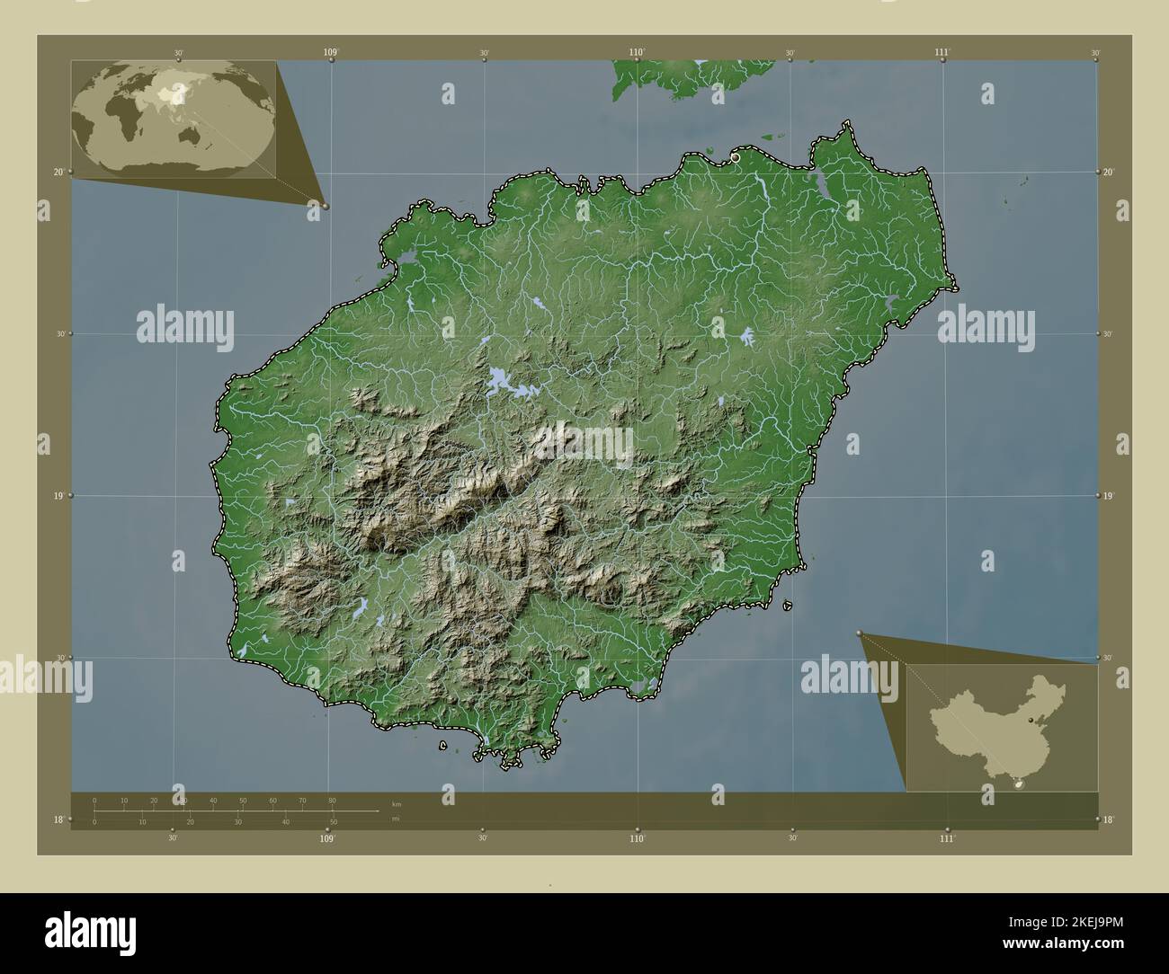Hainan, province of China. Elevation map colored in wiki style with ...