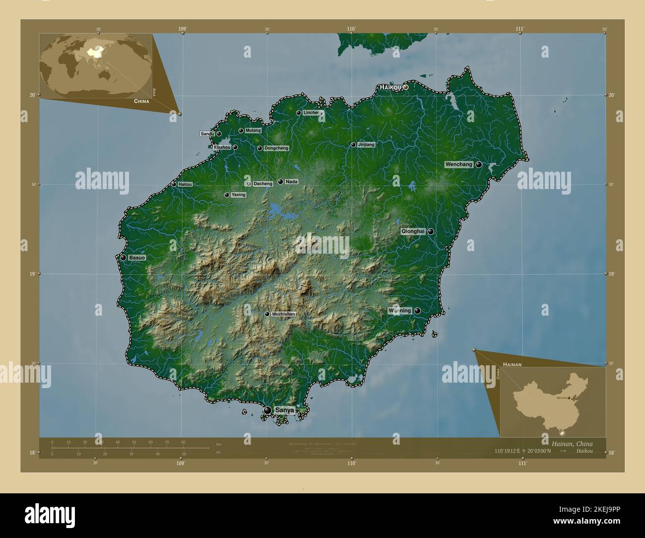Hainan, province of China. Colored elevation map with lakes and rivers ...