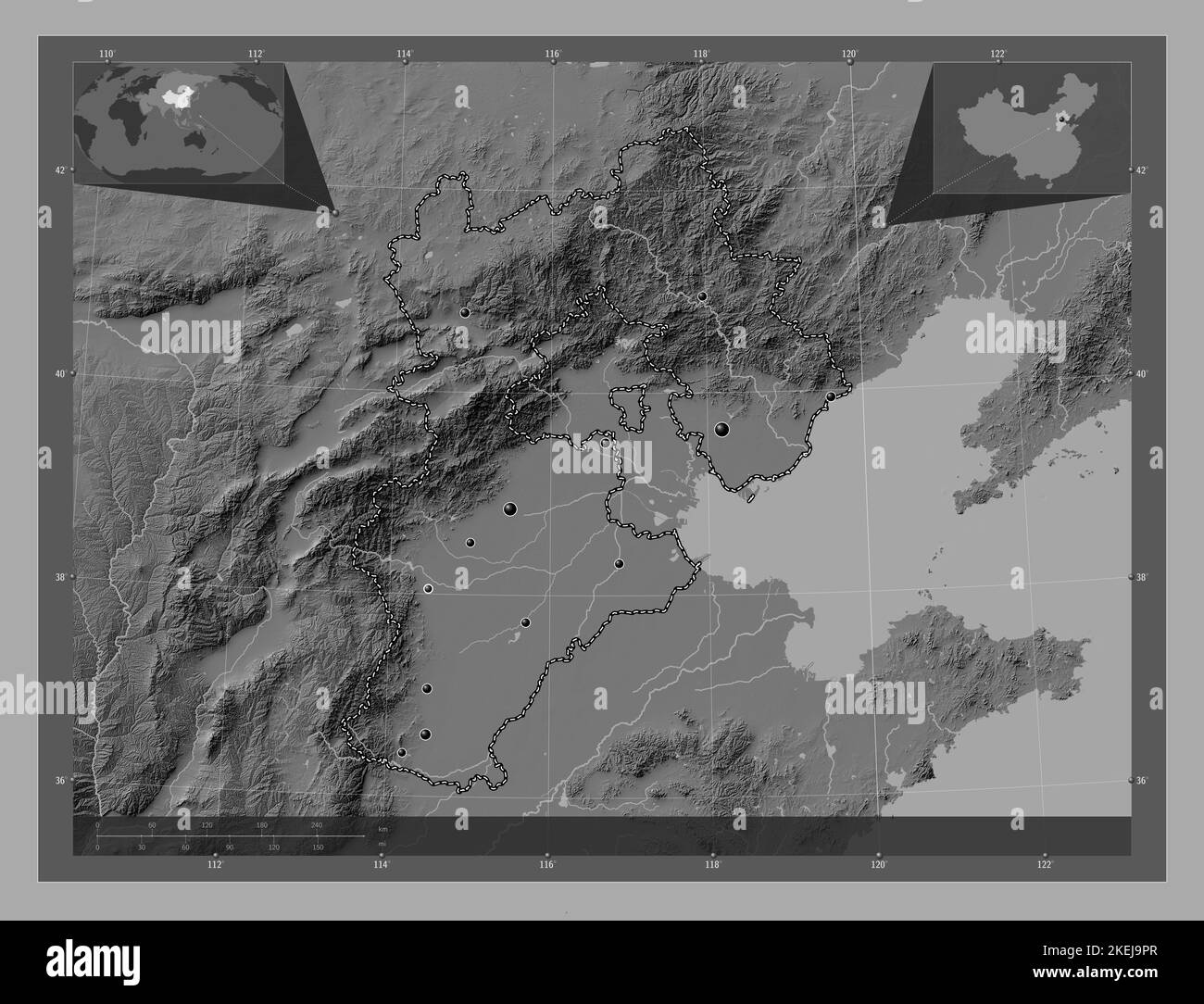 Hebei, province of China. Bilevel elevation map with lakes and rivers ...