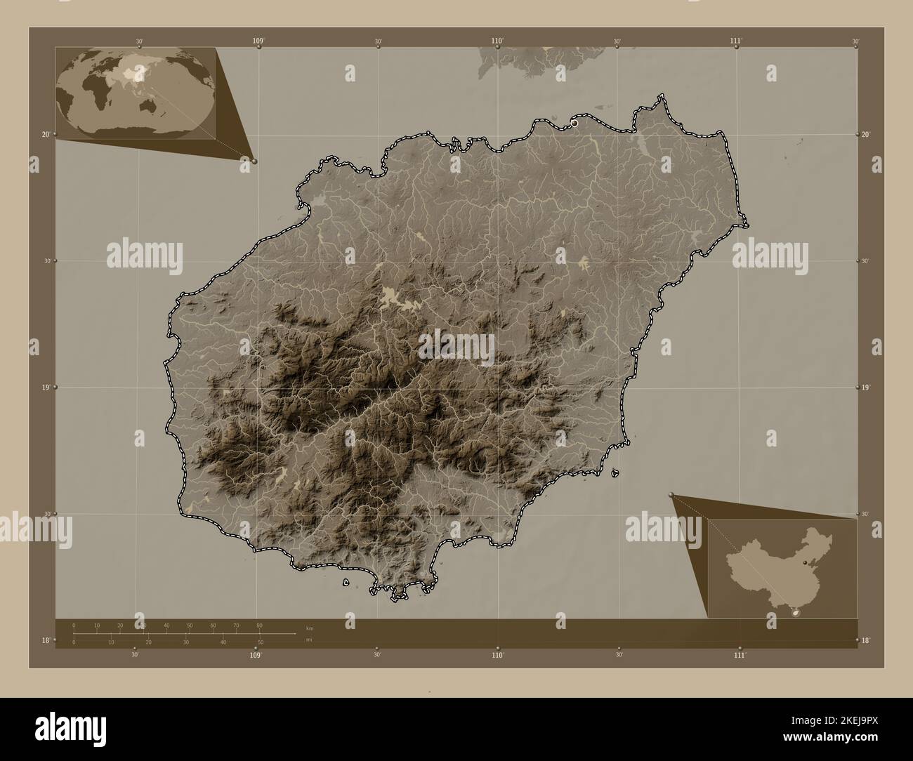 Hainan, province of China. Elevation map colored in sepia tones with ...