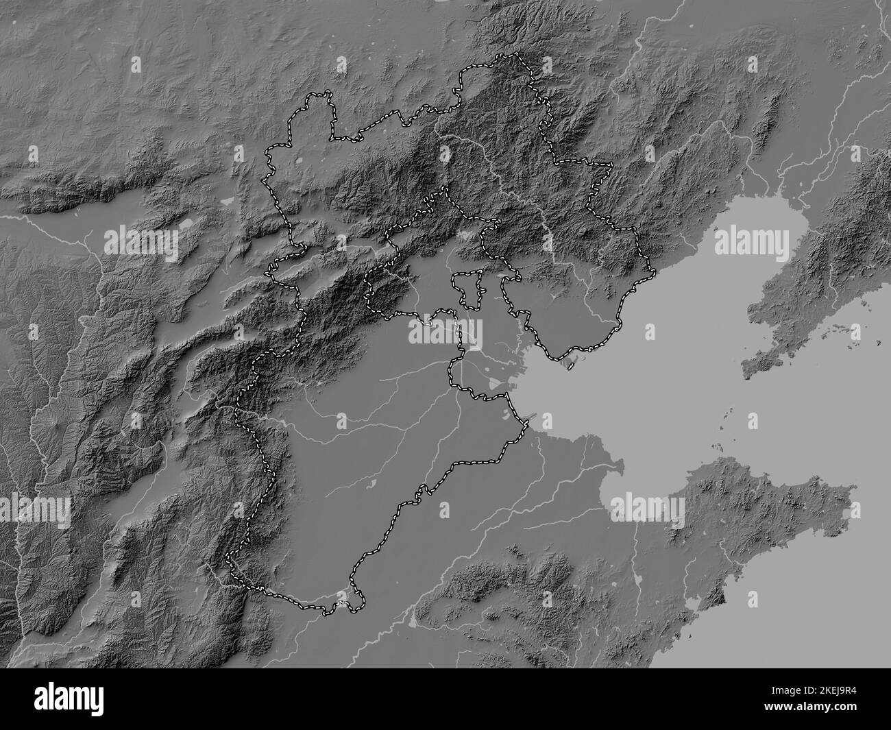 Hebei, province of China. Bilevel elevation map with lakes and rivers ...