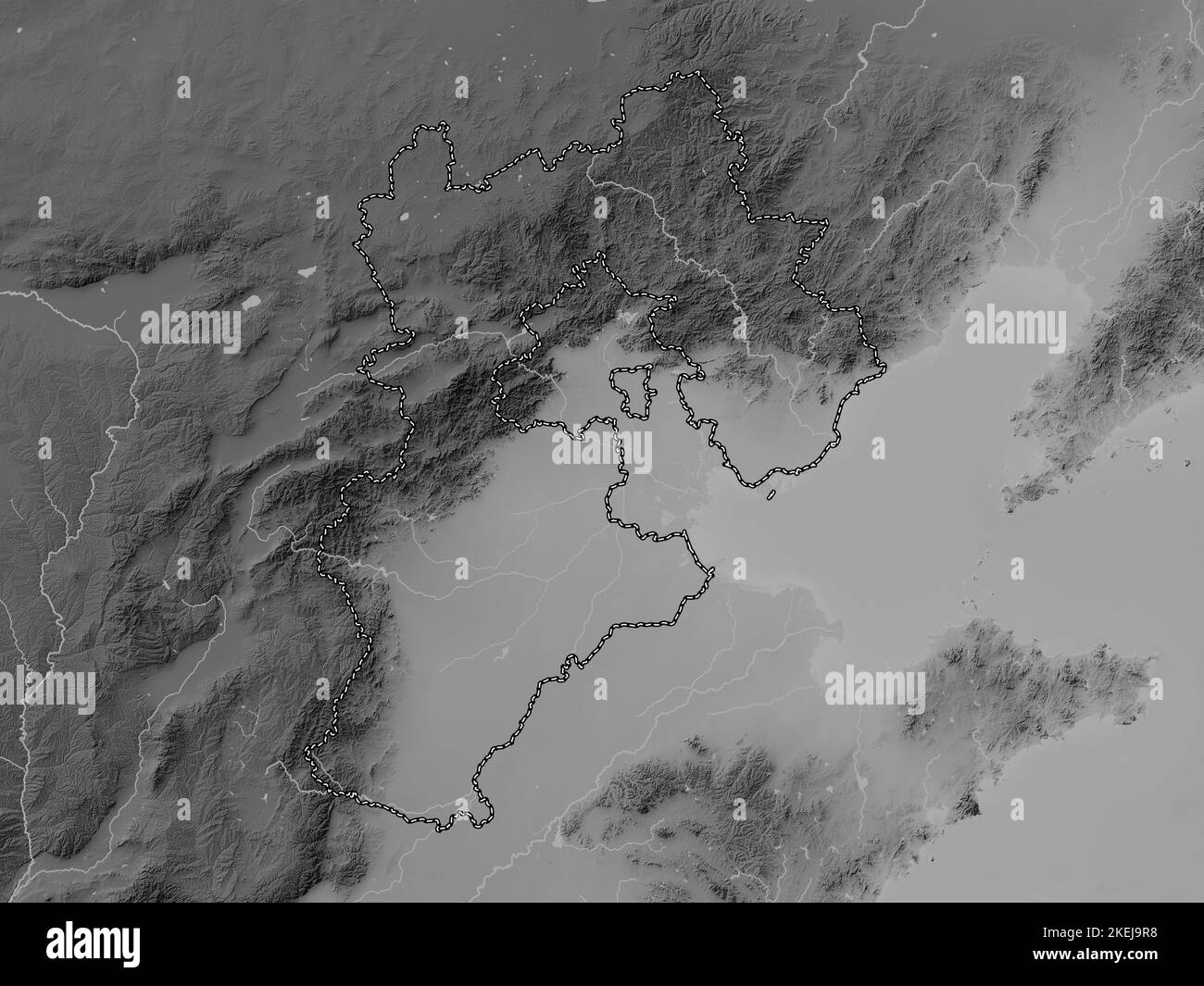 Hebei, province of China. Grayscale elevation map with lakes and rivers ...