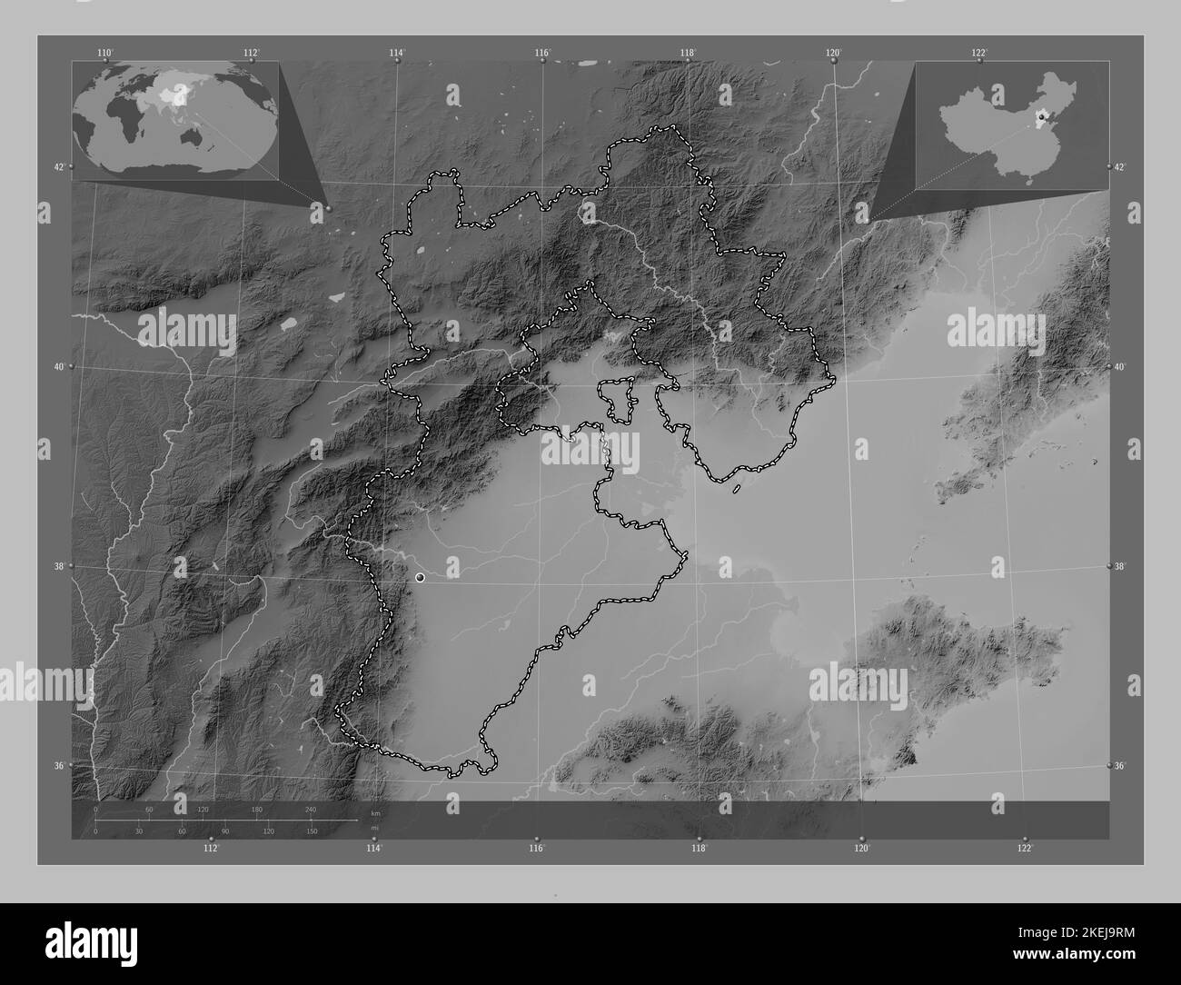 Hebei, province of China. Grayscale elevation map with lakes and rivers ...