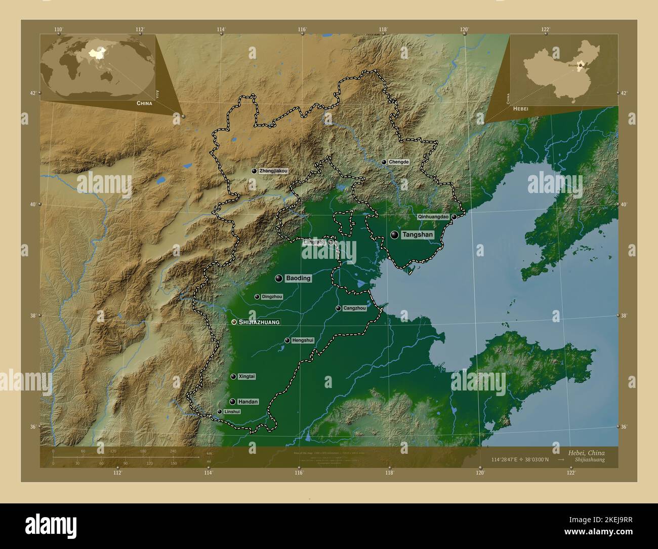 Hebei, province of China. Colored elevation map with lakes and rivers ...
