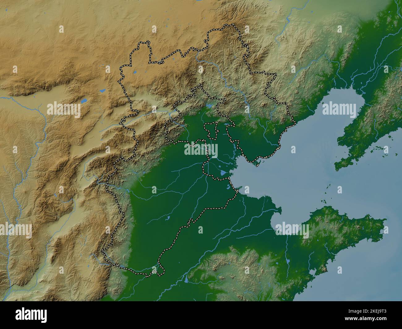 Hebei, province of China. Colored elevation map with lakes and rivers ...