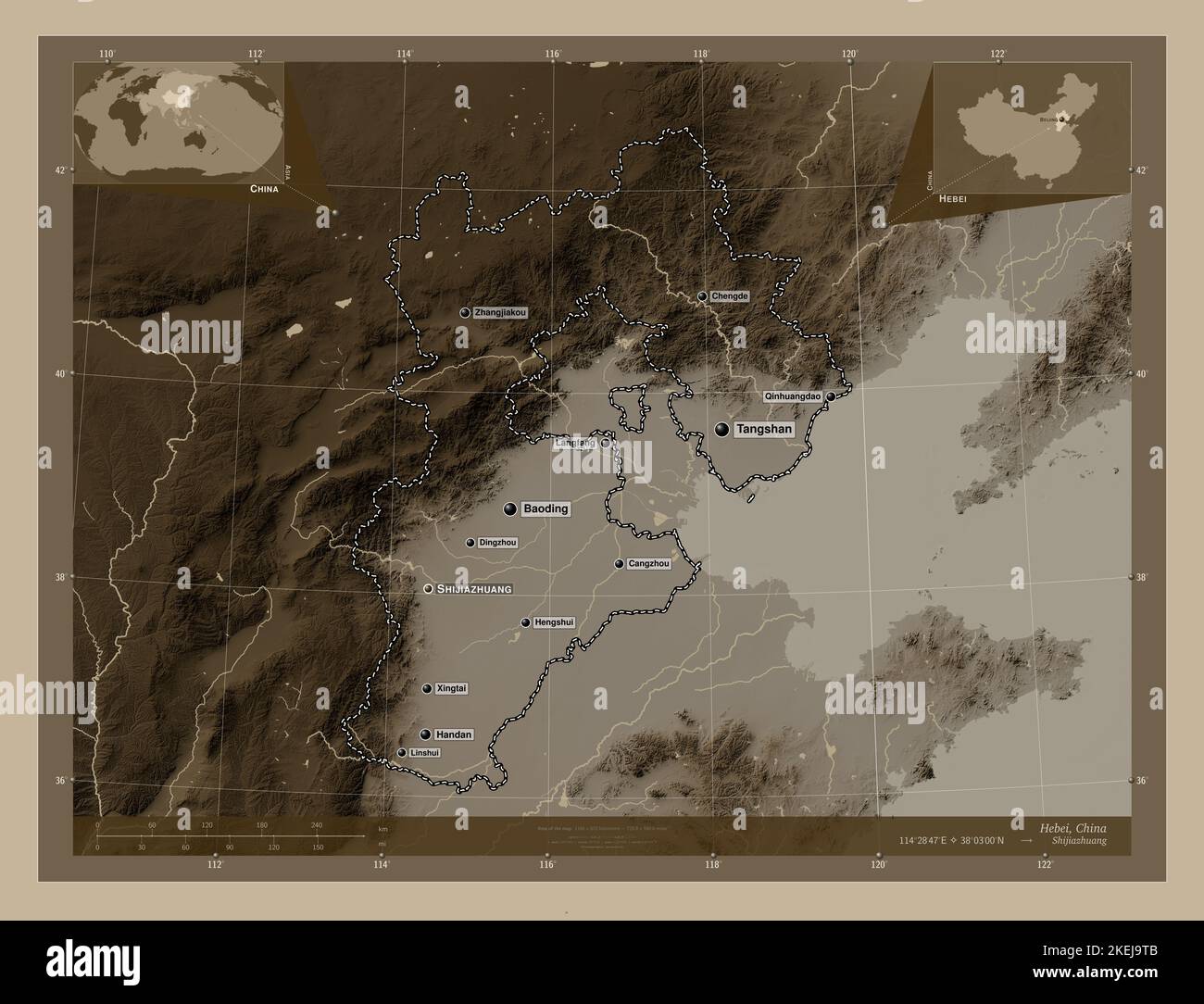 Hebei, province of China. Elevation map colored in sepia tones with ...