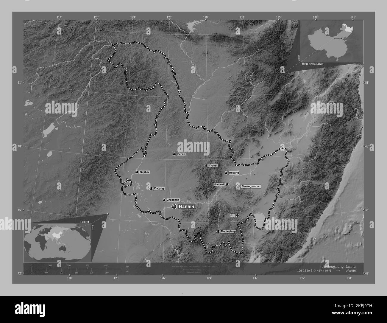 Heilongjiang, province of China. Grayscale elevation map with lakes and ...