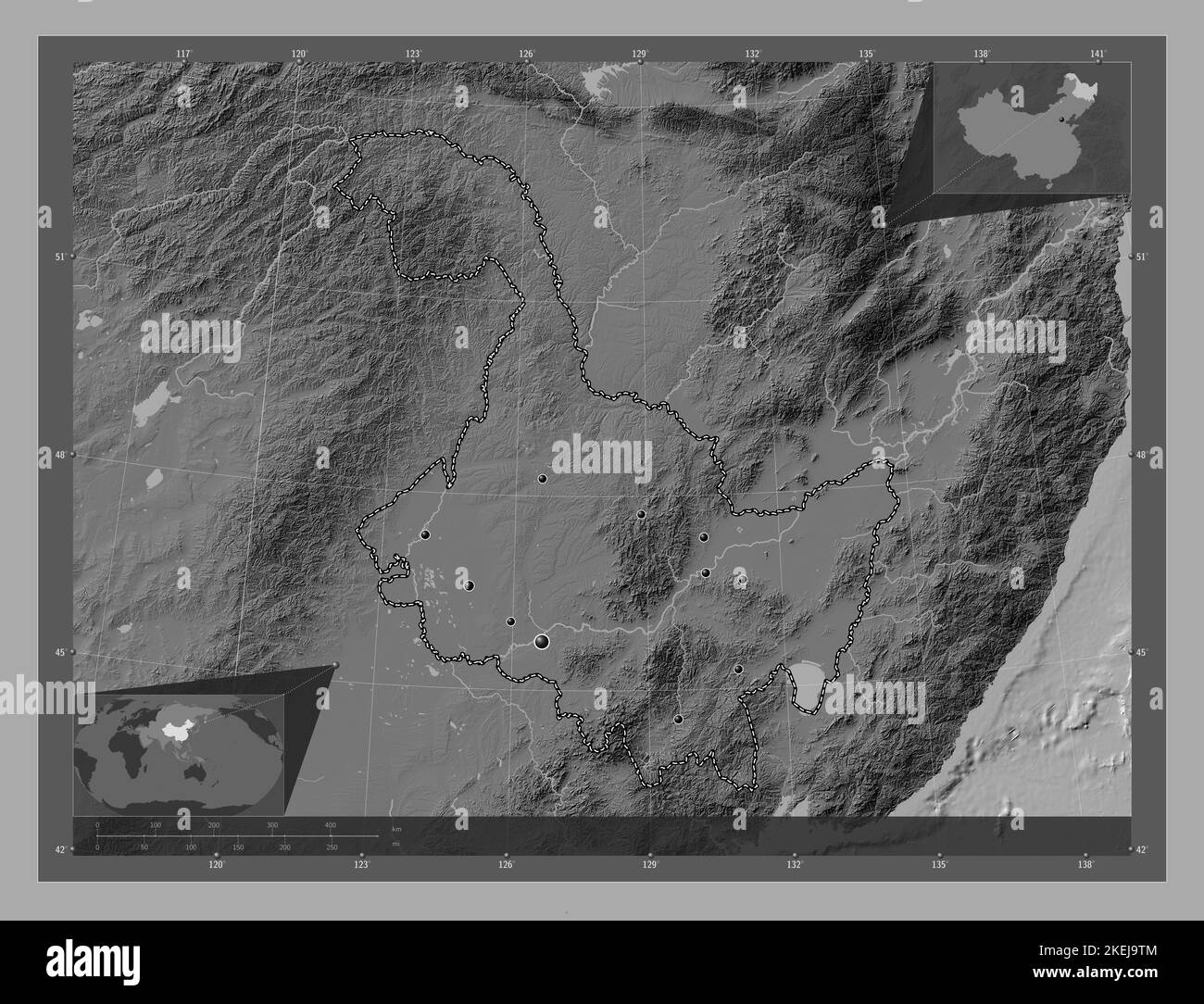Heilongjiang, province of China. Bilevel elevation map with lakes and ...