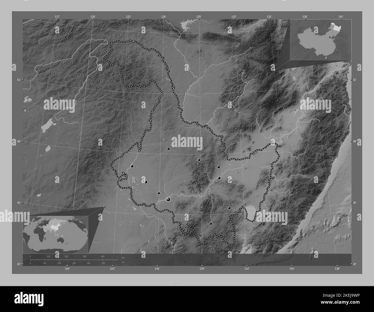 Heilongjiang, province of China. Grayscale elevation map with lakes and ...
