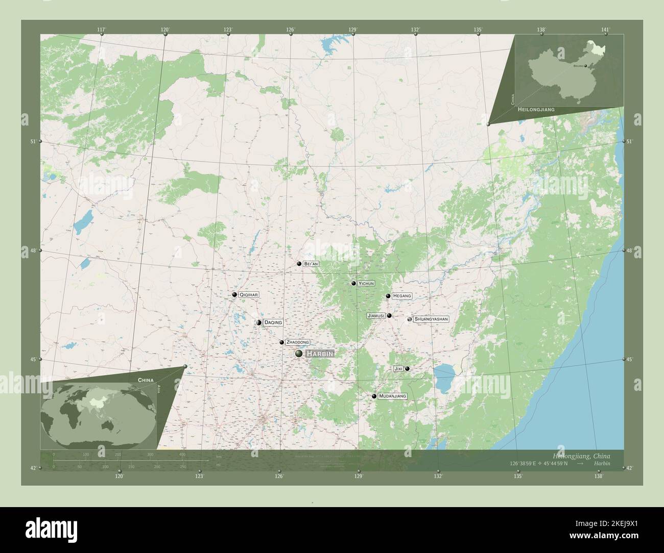 Heilongjiang, province of China. Open Street Map. Locations and names ...