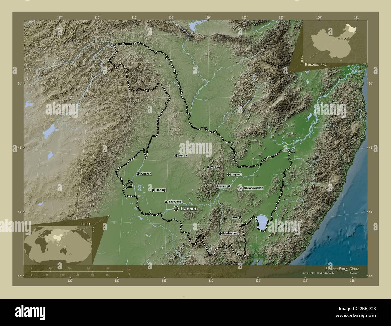 Heilongjiang, province of China. Elevation map colored in wiki style ...