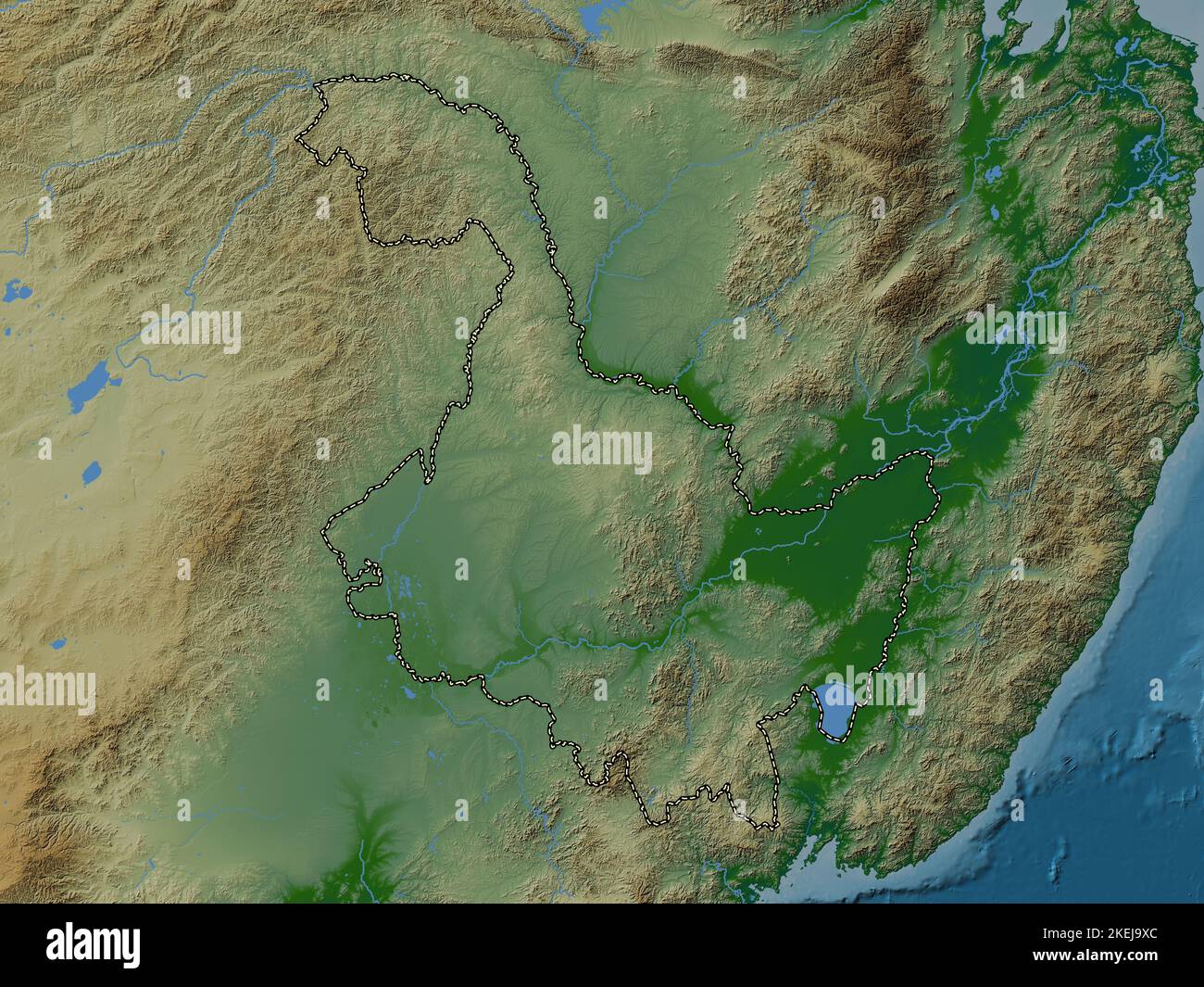 Heilongjiang, province of China. Colored elevation map with lakes and ...