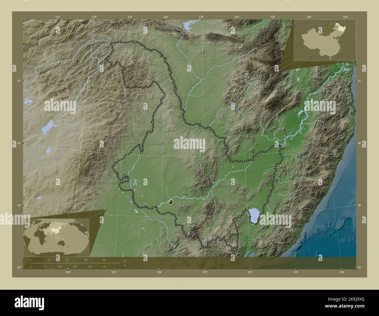 Heilongjiang, province of China. Elevation map colored in wiki style with lakes and rivers ...