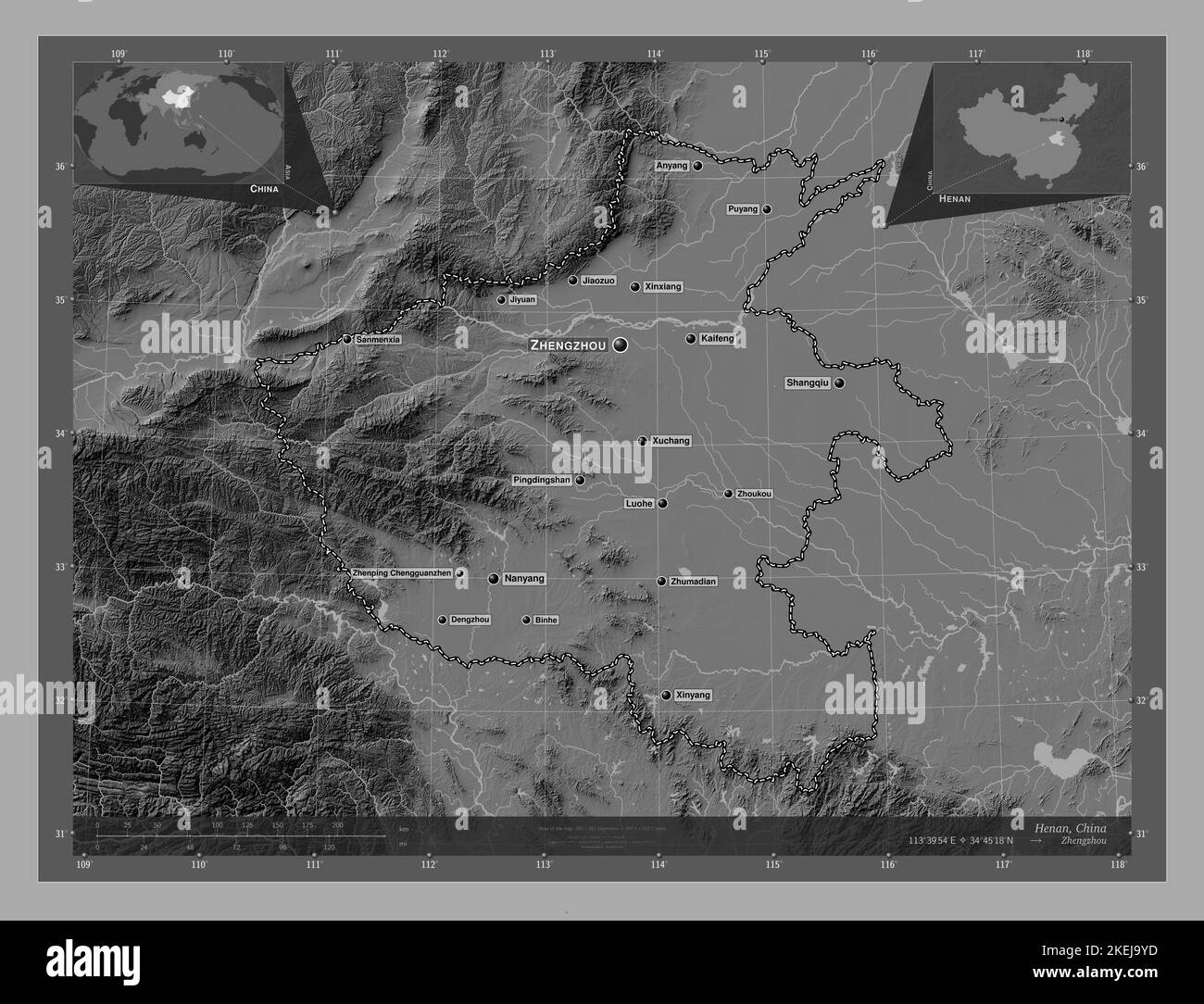 Henan, province of China. Bilevel elevation map with lakes and rivers ...