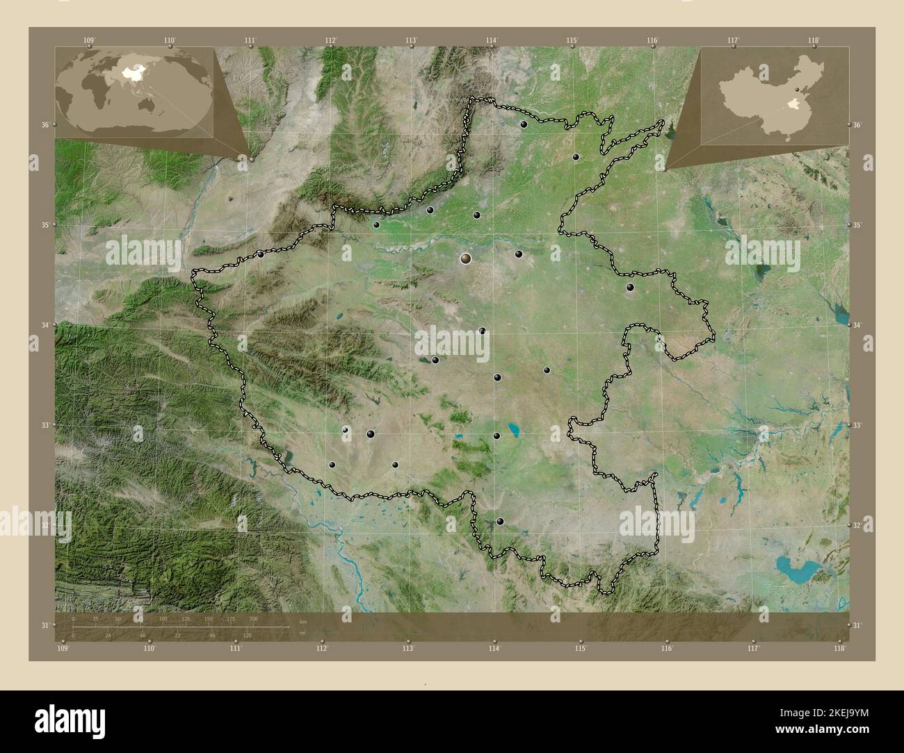 Henan, province of China. High resolution satellite map. Locations of ...