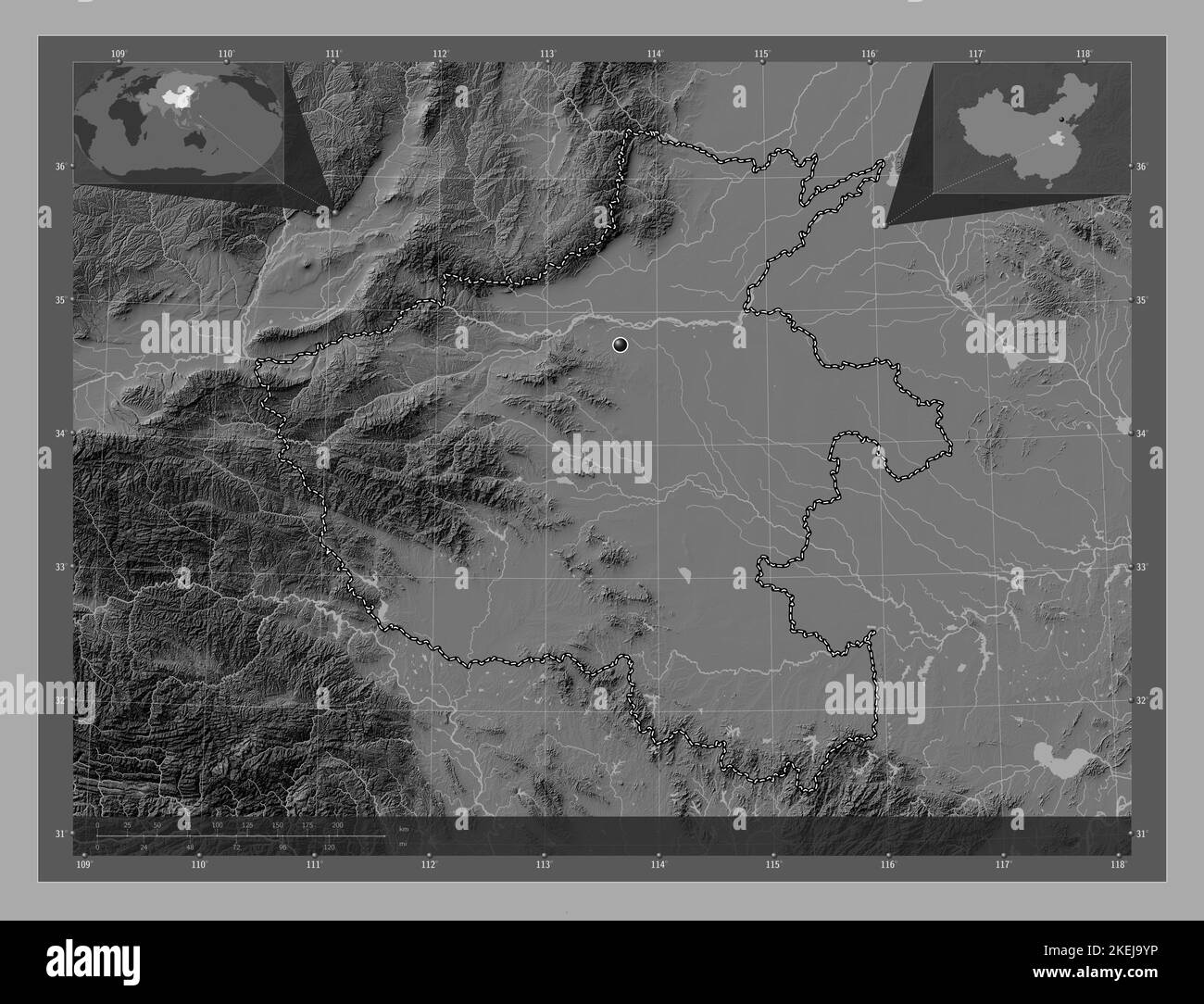 Henan, province of China. Bilevel elevation map with lakes and rivers ...