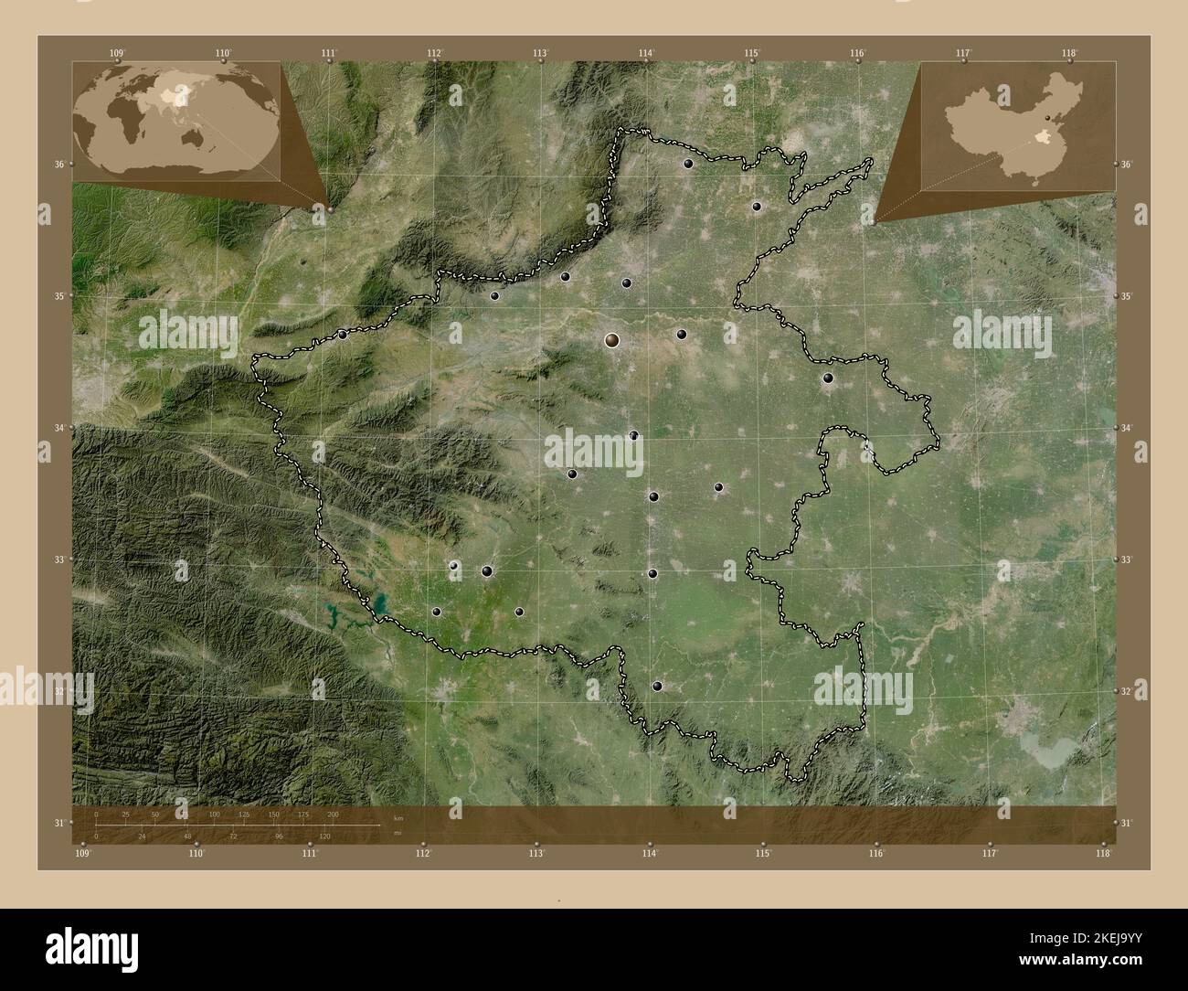 Henan, province of China. Low resolution satellite map. Locations of ...