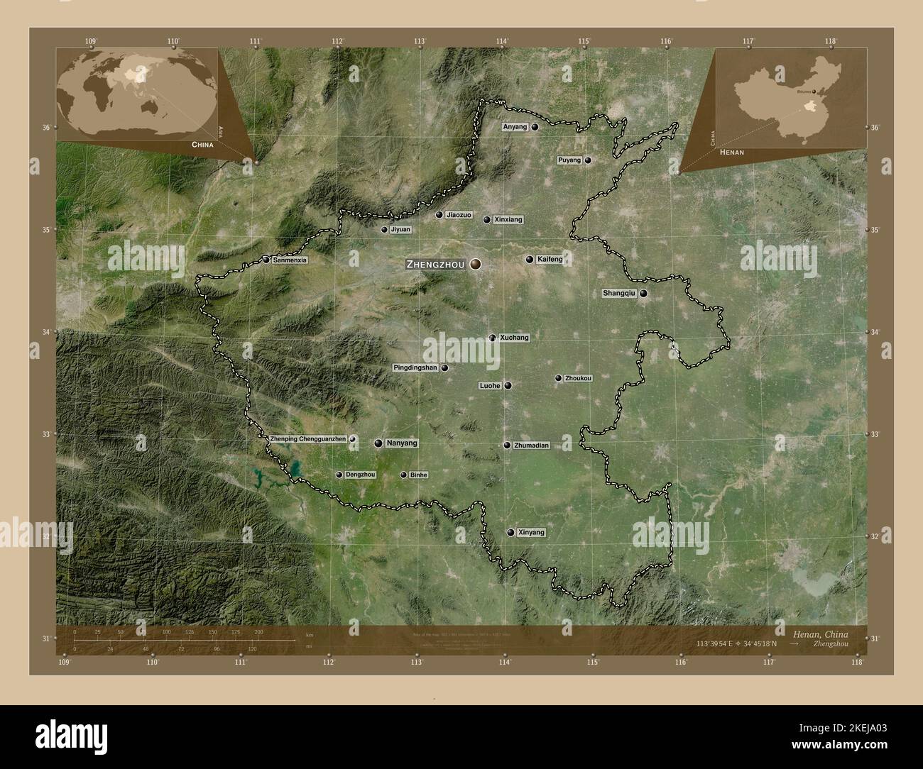 Henan, province of China. Low resolution satellite map. Locations and ...