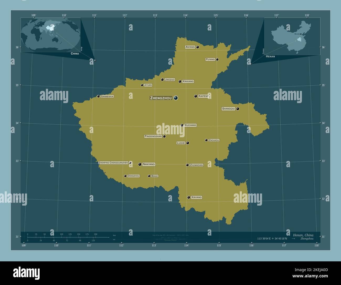 Henan, province of China. Solid color shape. Locations and names of ...
