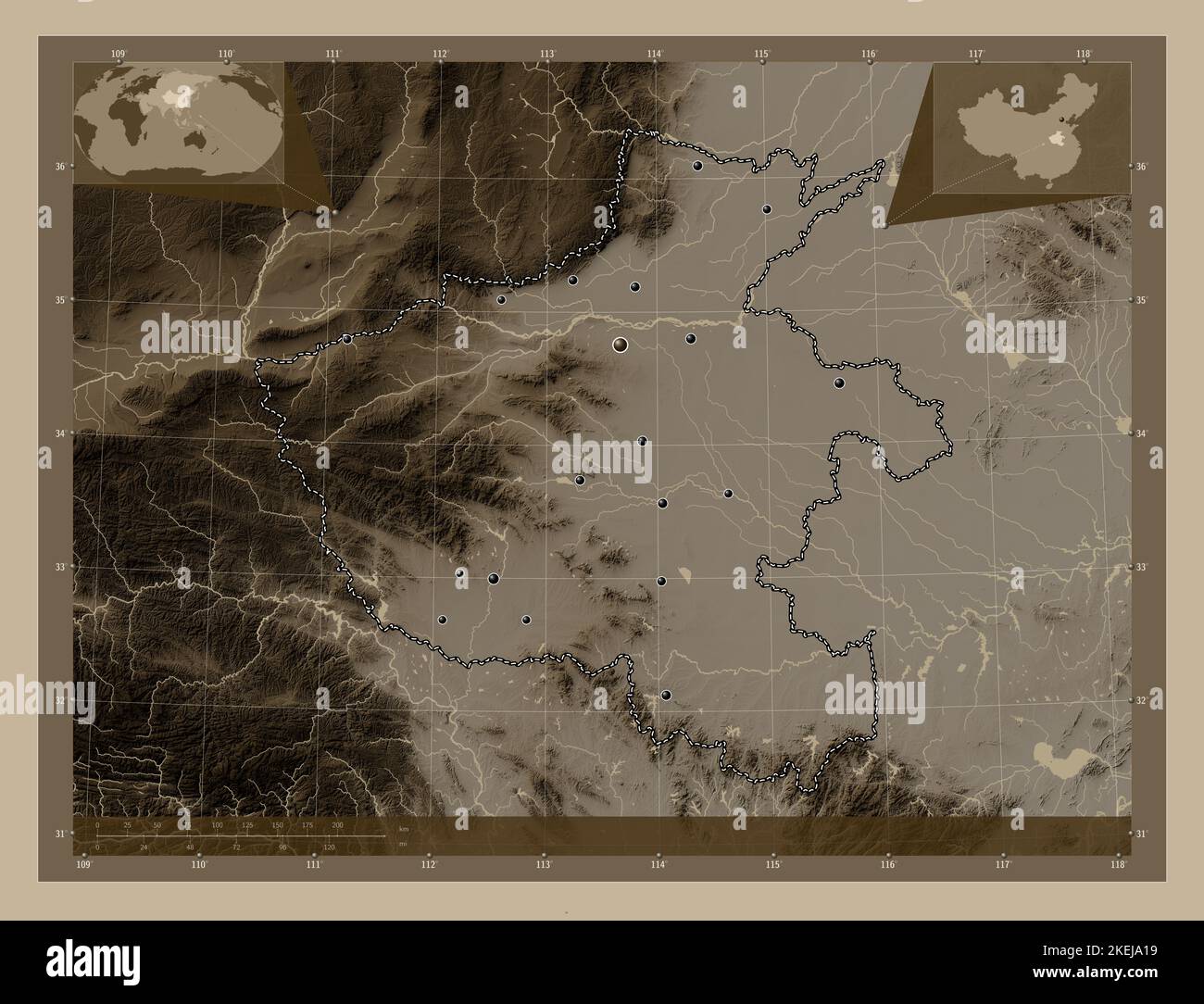 Henan, province of China. Elevation map colored in sepia tones with ...