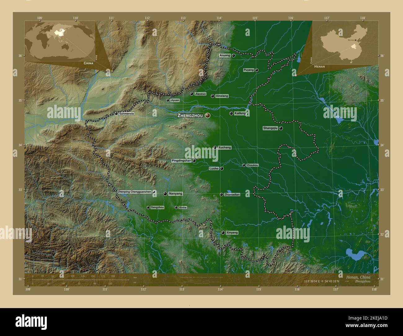 Henan, province of China. Colored elevation map with lakes and rivers ...