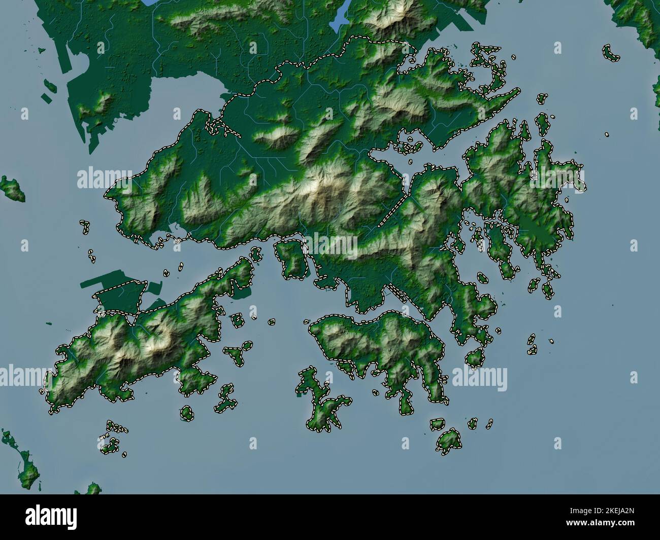 Hong Kong, autonomous region of China. Colored elevation map with lakes ...