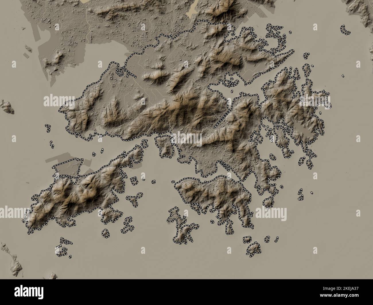 Hong Kong, autonomous region of China. Elevation map colored in sepia ...