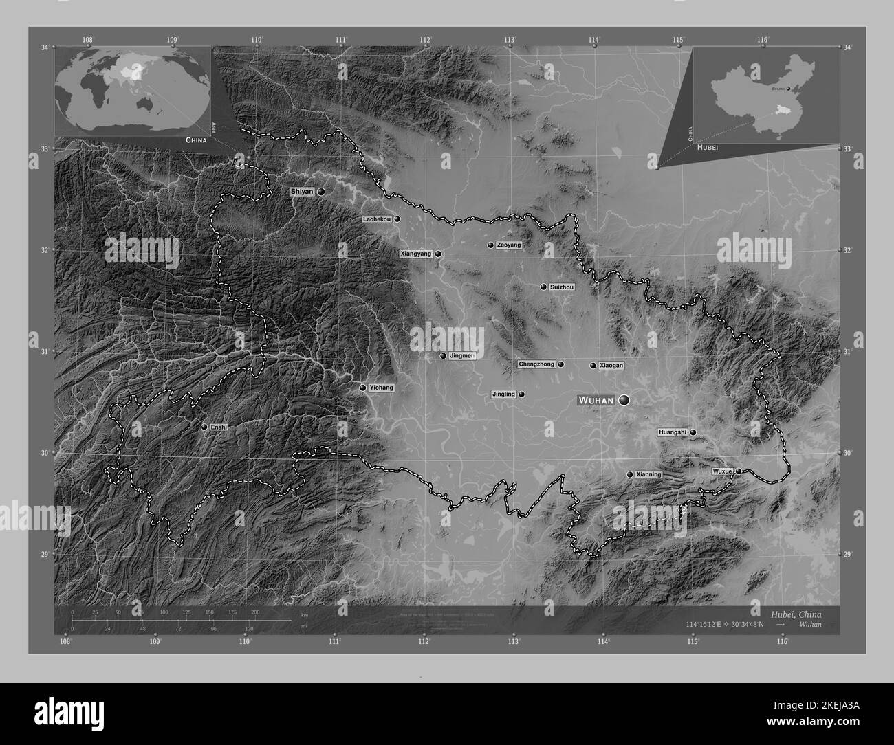 Hubei, province of China. Grayscale elevation map with lakes and rivers ...