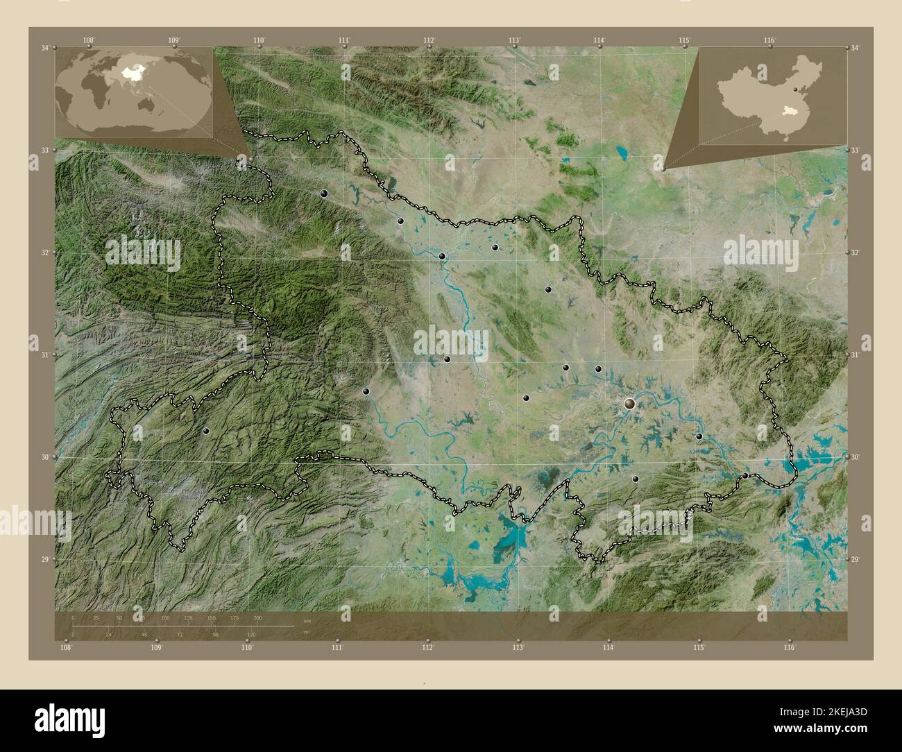 Hubei, province of China. High resolution satellite map. Locations of ...