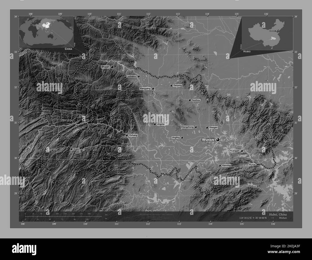 Hubei, province of China. Bilevel elevation map with lakes and rivers ...