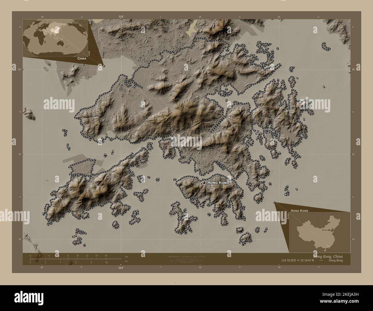 Hong Kong, autonomous region of China. Elevation map colored in sepia ...