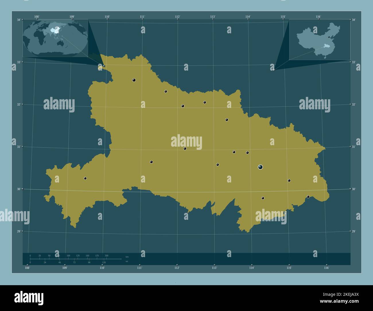 Hubei, province of China. Solid color shape. Locations of major cities ...